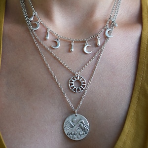 Silver Layered Nature Necklace Set: Sun, Moon, Mountain Charms Modern ...