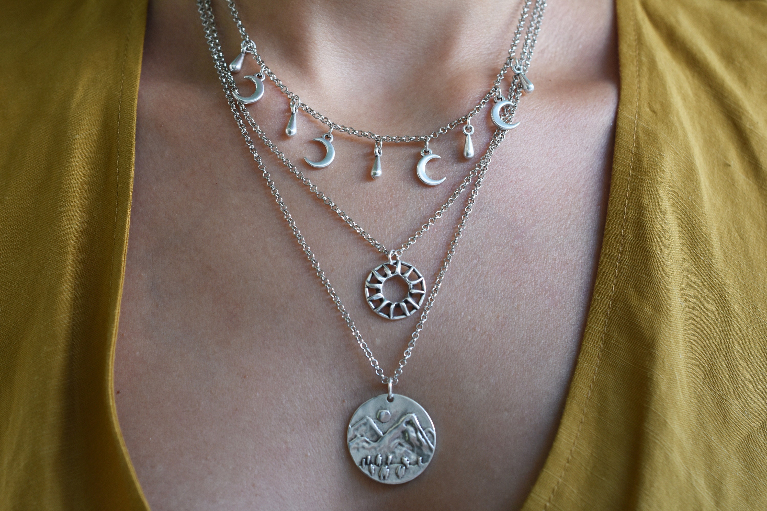Silver Layered Nature Necklace Set: Sun, Moon, Mountain Charms Modern ...