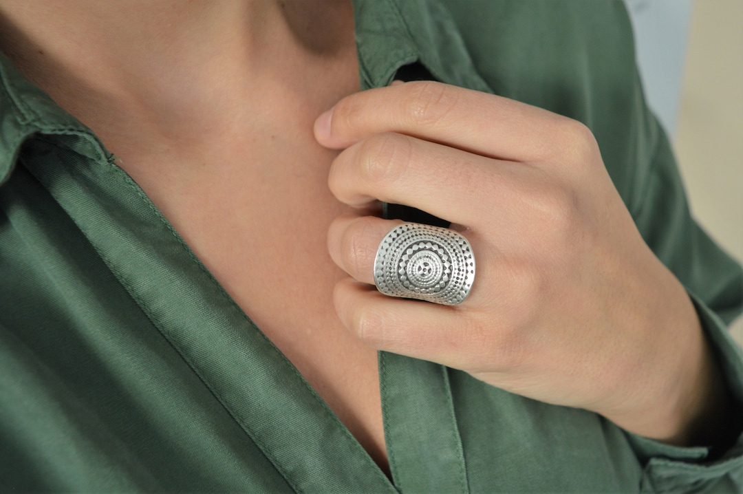 Silver Mandala Engraved Concentric Circles Ring: Bohemian Handmade Bold ...