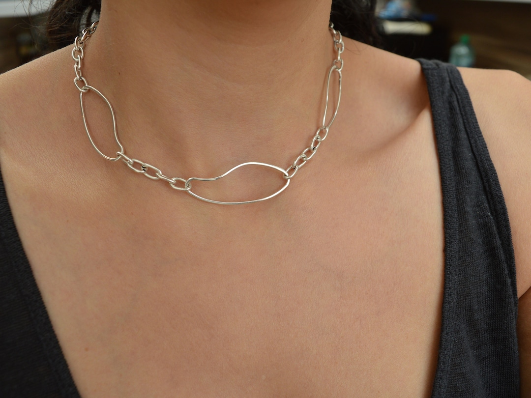 Antique Silver Thick Oval Chunky Chain Choker, Steel Chain Necklace ...