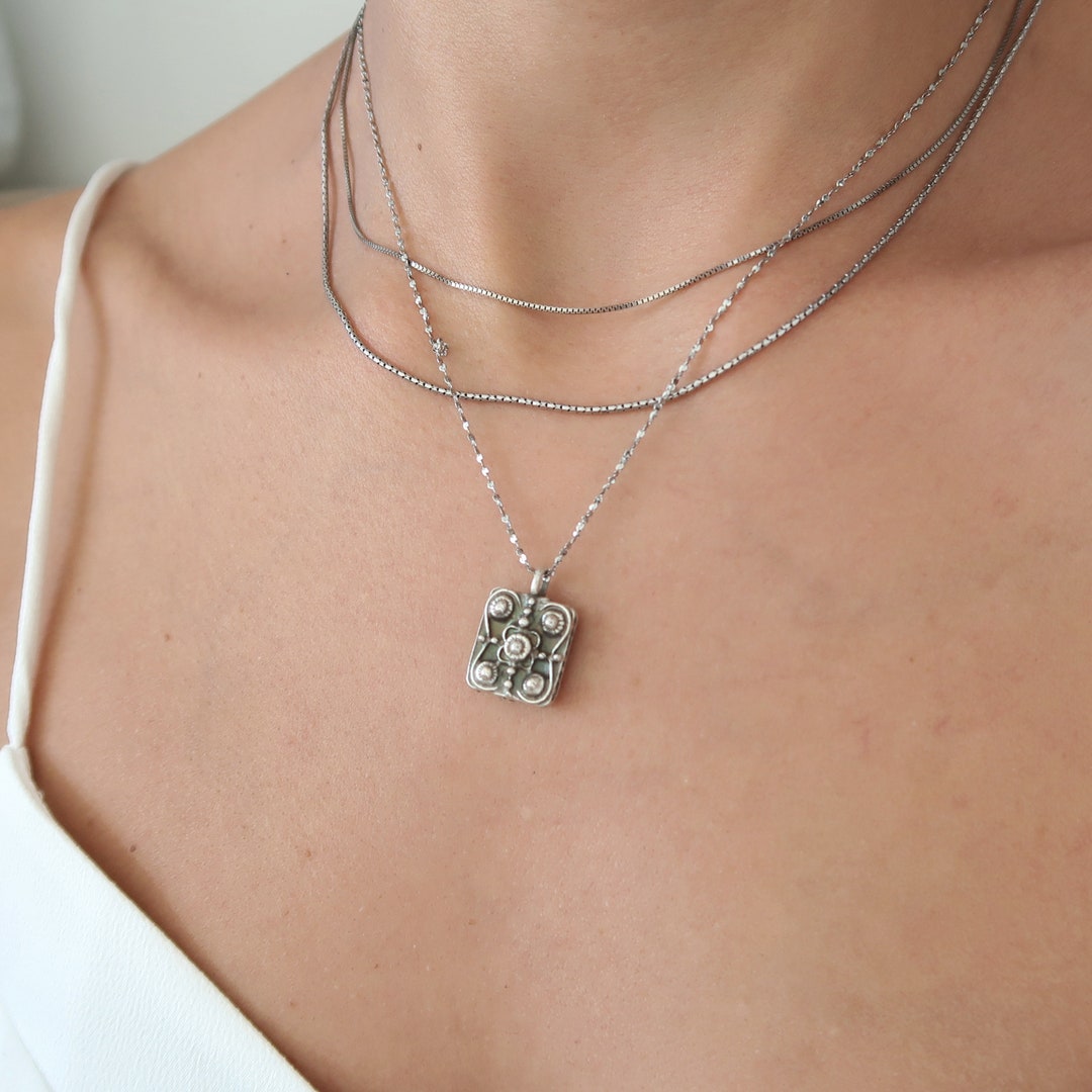 Antique Silver Floral Square Charm Necklace: Layered Mix N' Match ...
