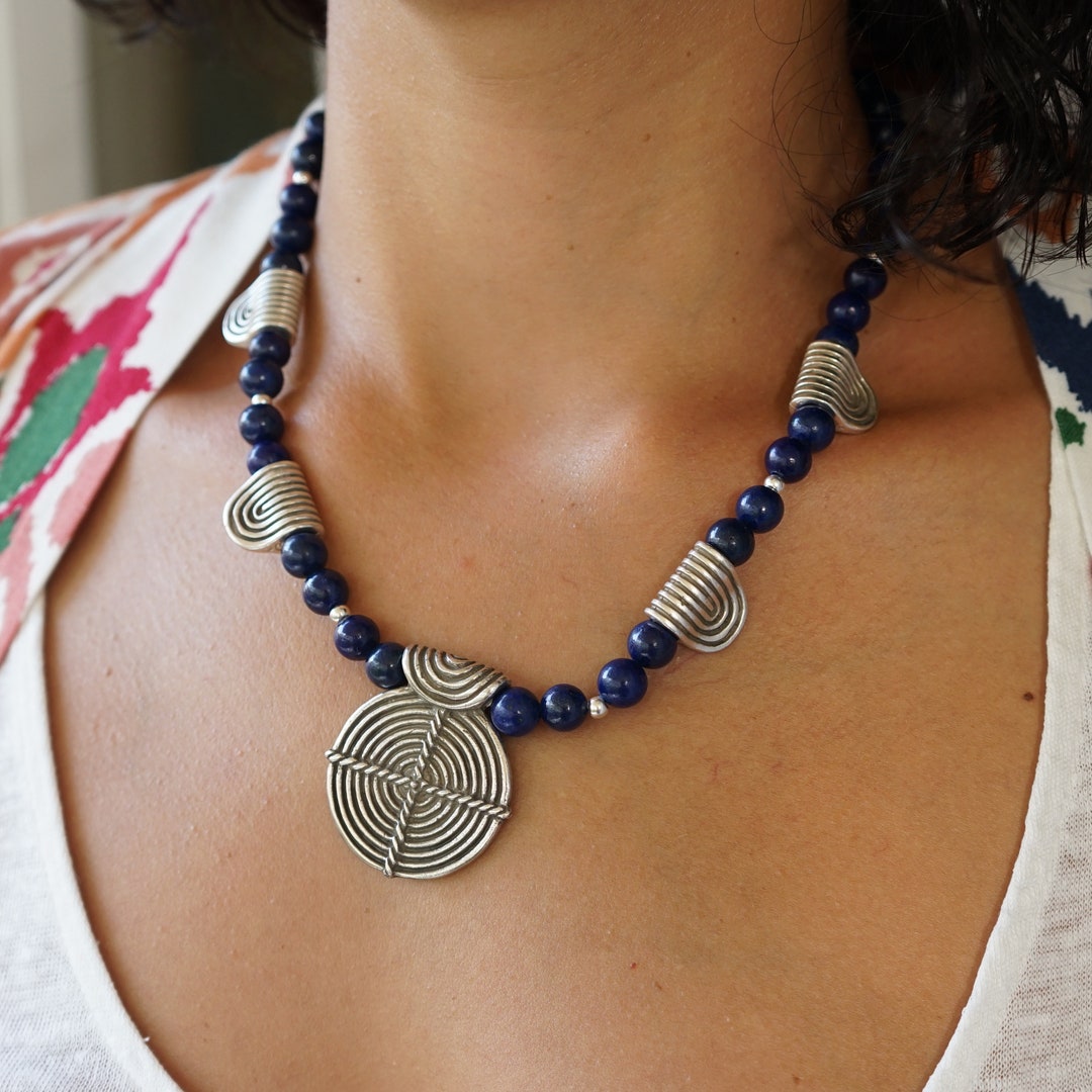 Ancient Greek Meander Symbol & Lapis Lazuli Beaded Necklace, Greek ...