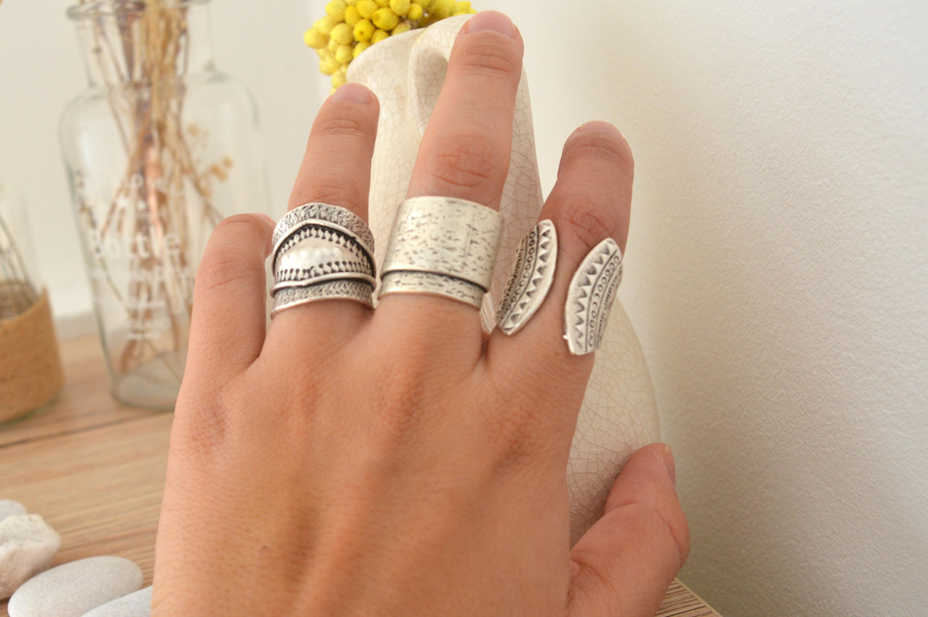 Bohemian Silver Engraved Shield Design Ring Silver Statement | Etsy UK