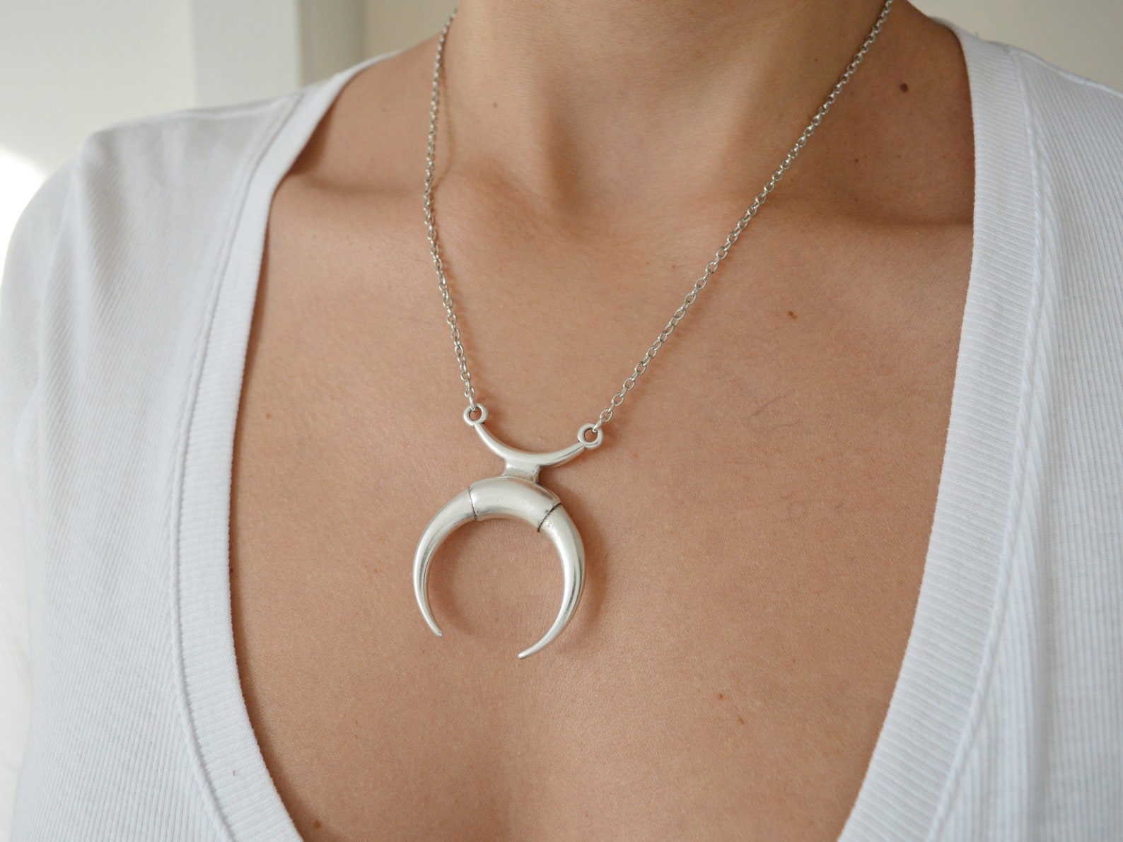 Silver HORN Bone/ MOON/ Crescent Necklace Jewelry Large | Etsy