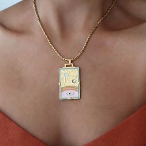 Gold SPIRITUAL Rectangle Pendant Necklace, Sun Moon Evil Eye Celestial Cosmic Jewellery ...