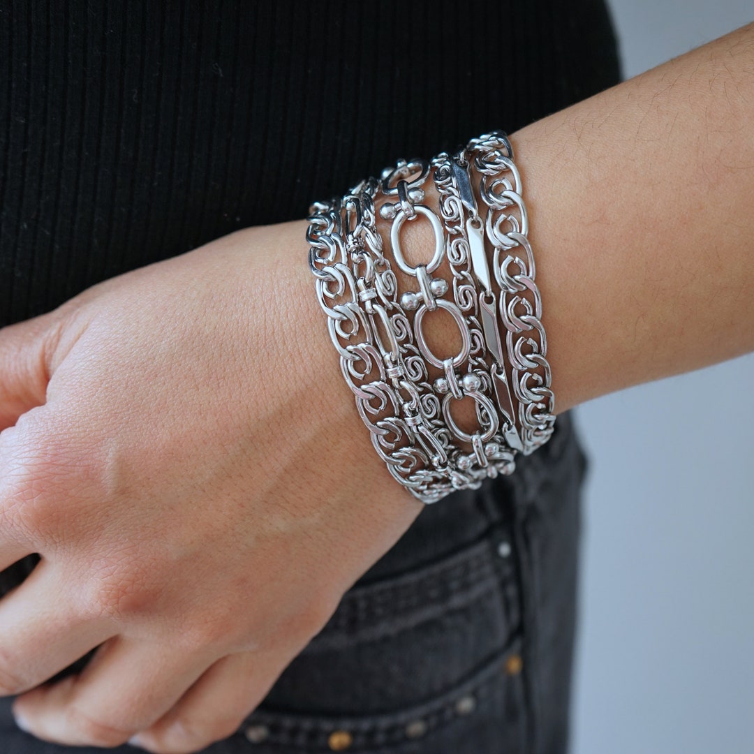 Multi-strand Stainless Steel Chain Bracelet: Geometric Rock Bold Wide ...