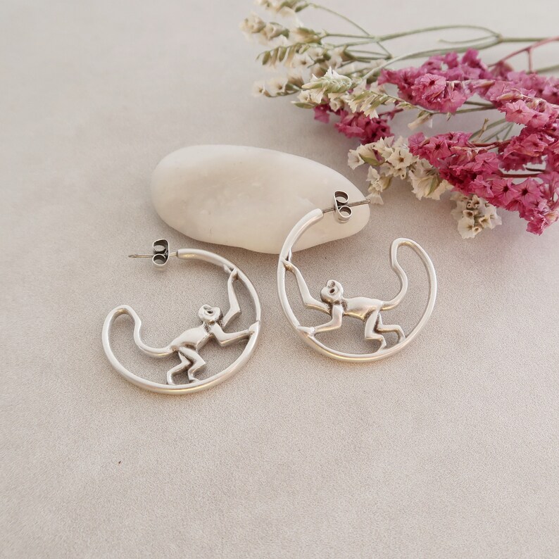 Antique Silver Wireframe MONKEY Hoop Earrings Thick Push Back - Etsy