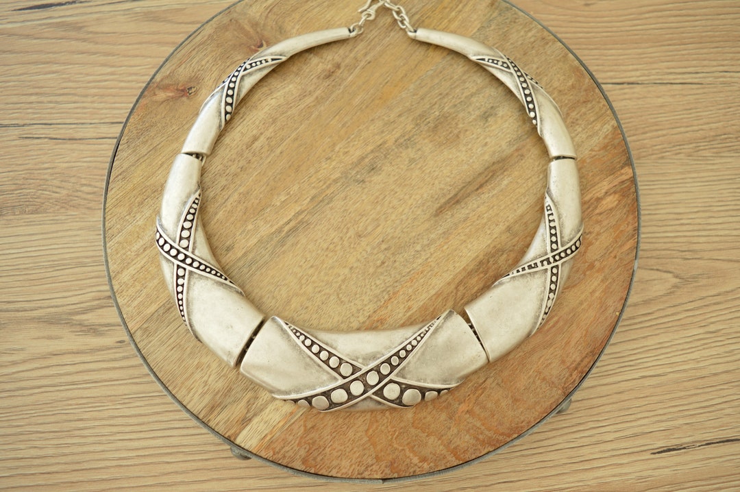 Silver Berber Torque Style Statement Collar Necklace, Short Silver ...