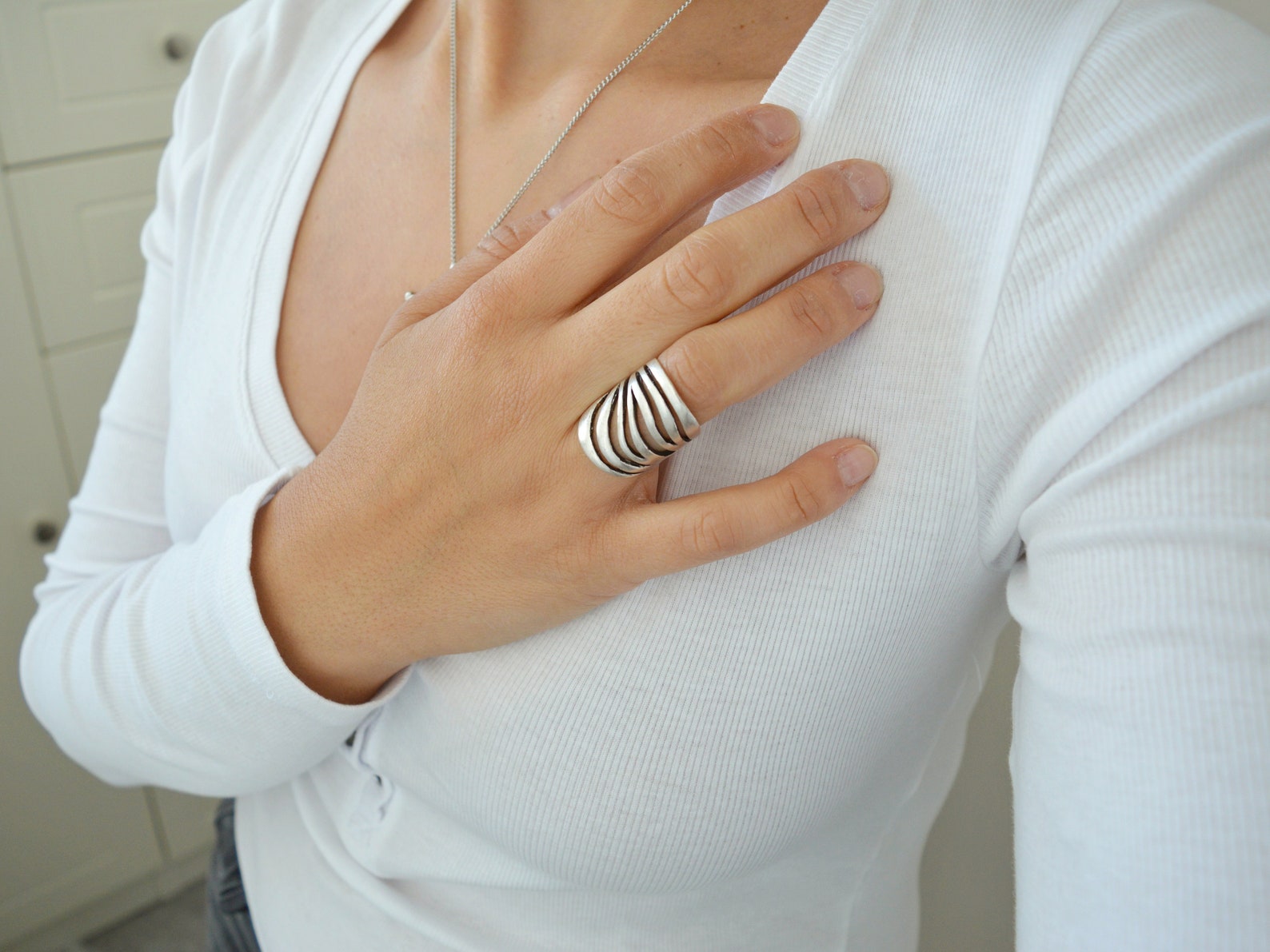 Antique Silver Long SEVEN PARALLEL Wave LINES Ring, Boho Minimalist ...