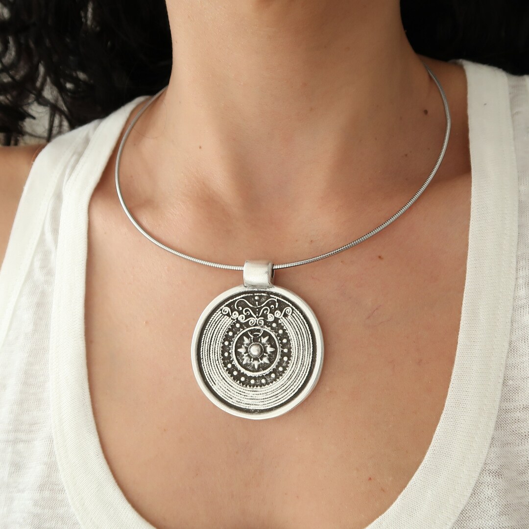 Antique Silver Large Coin Shield Pendant Berber Statement Collar Torque ...