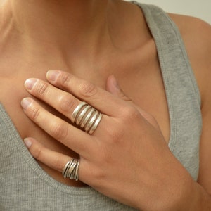 Antique Silver Long FIVE PARALLEL LINES Ring, Boho Minimalist Modernist ...