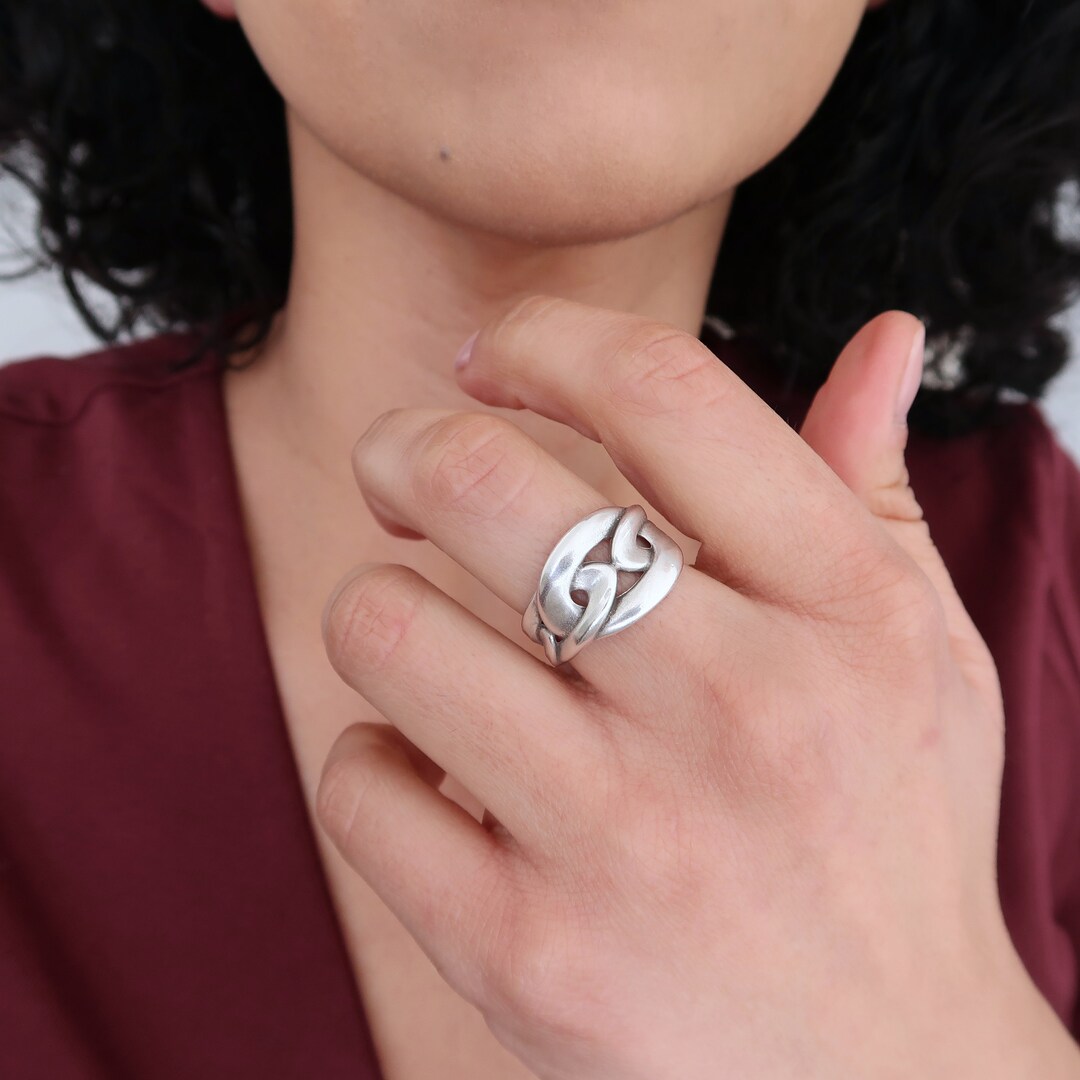 Antique Silver Abstract Carved Intersect Lines Ring, Bohemian Modern Organic Shape Hammered ...