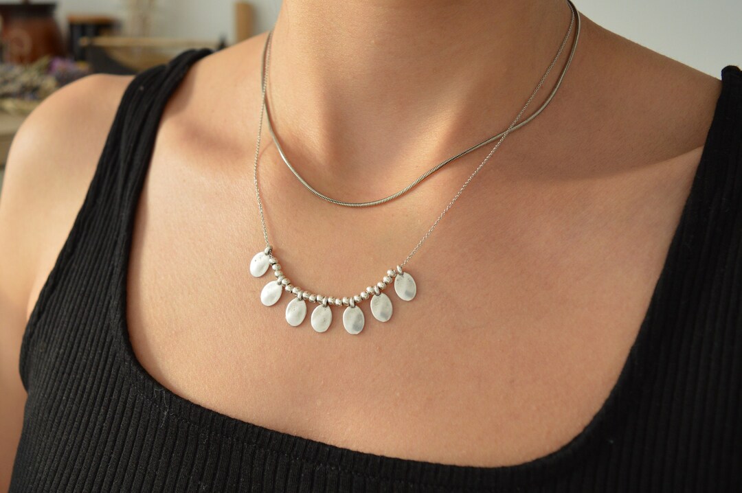 Silver Tiny Teardrop Charms Necklace, Thin Cobra Chain Necklace, Boho ...