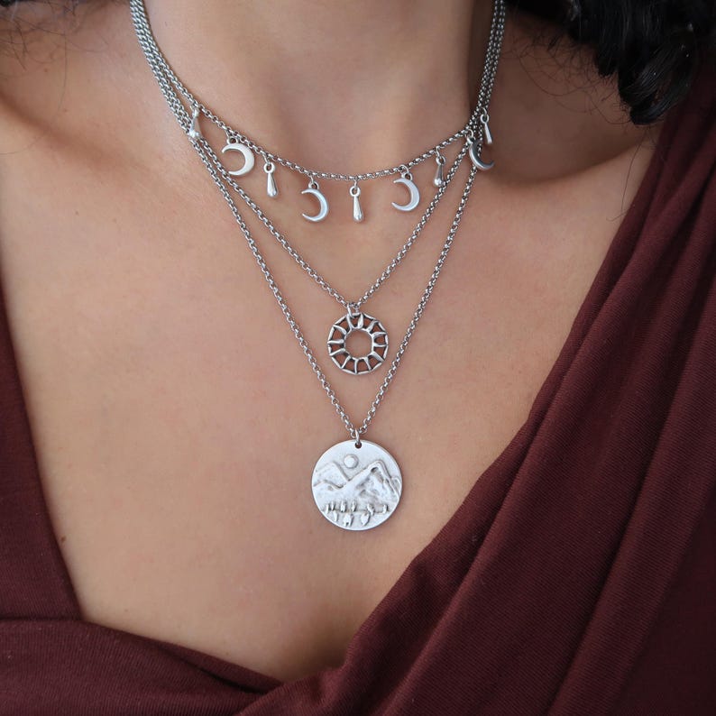 Silver Layered Nature Necklace Set: Sun, Moon, Mountain Charms Modern ...