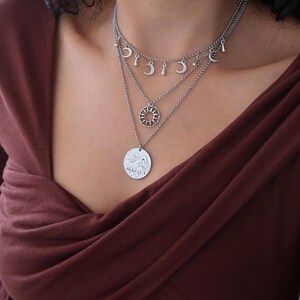 Silver Layered Nature Necklace Set: Sun, Moon, Mountain Charms Modern ...