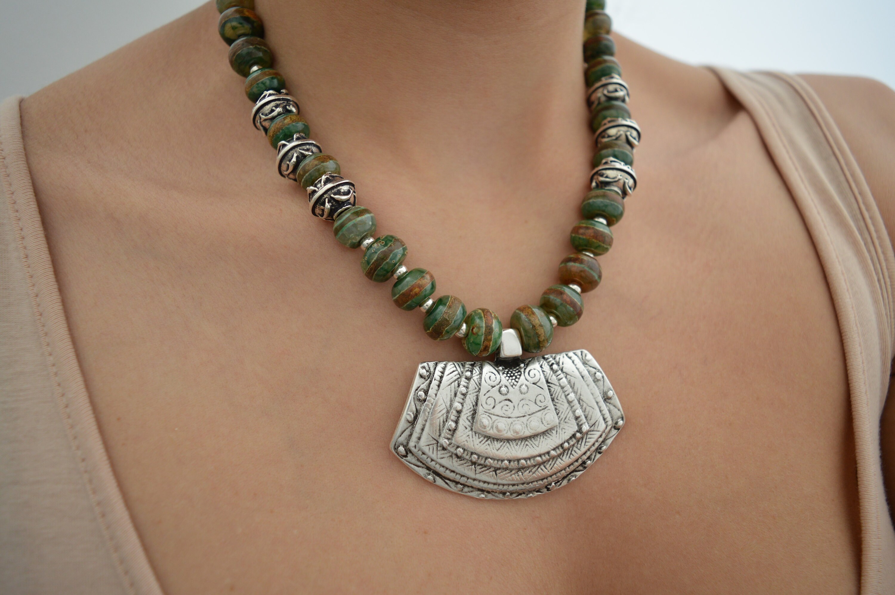 Bohemian Khaki Tibetan Dzi Beaded Silver ORTHOGONAL Shield - Etsy UK