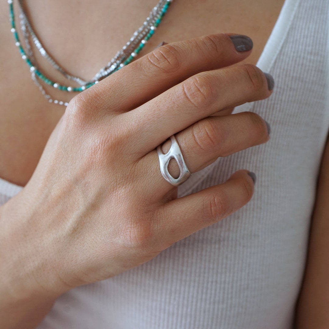 Hammered Silver Cut-out Ring: Adjustable Organic Shape, Minimalist ...