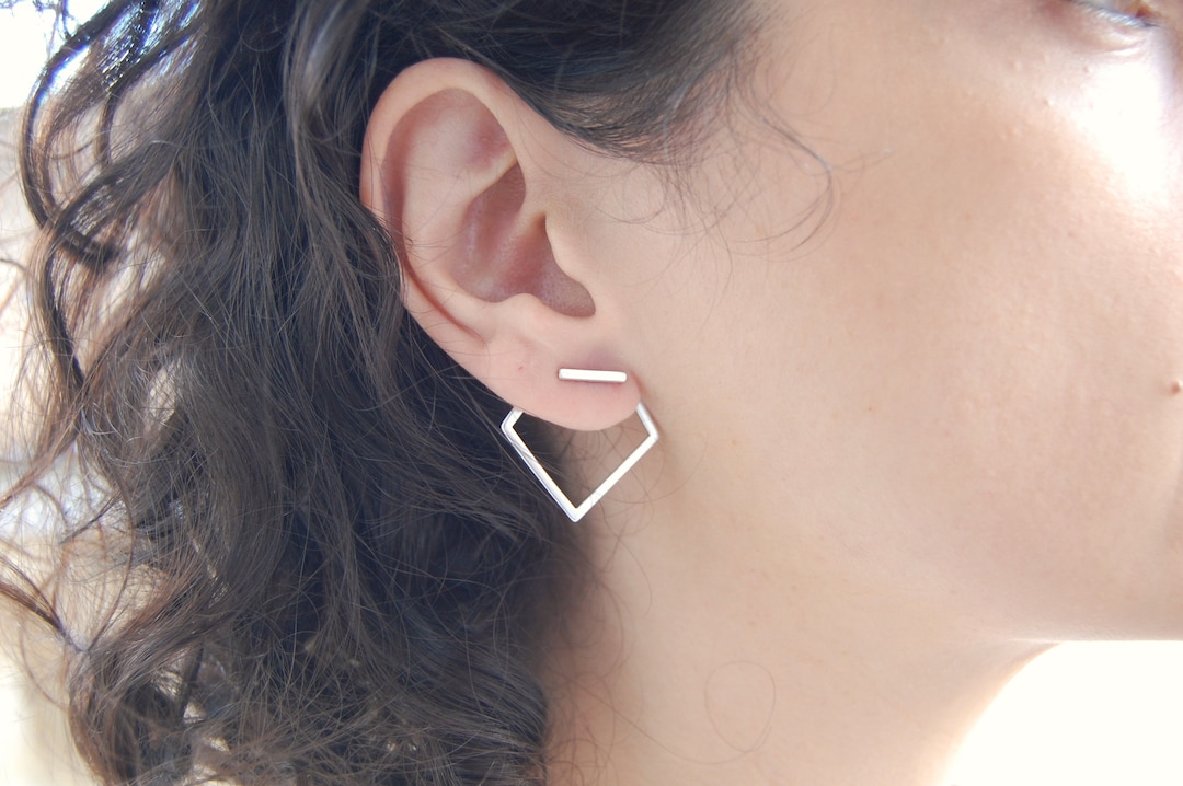 Silver Bar & Diamond Ear Jackets, Minimalist Silver Line Pushback ...