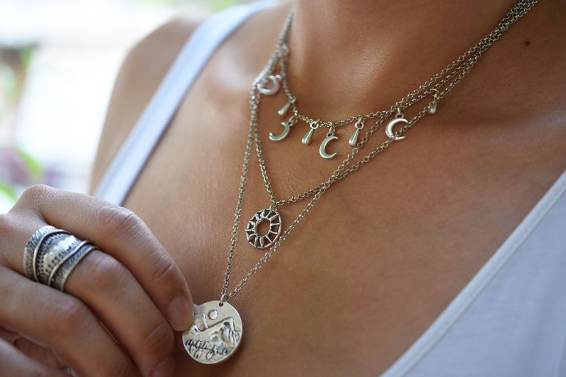 Silver Layered Nature Necklace Set: Sun, Moon, Mountain Charms Modern ...