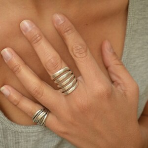 Antique Silver Long FIVE PARALLEL LINES Ring, Boho Minimalist Modernist ...