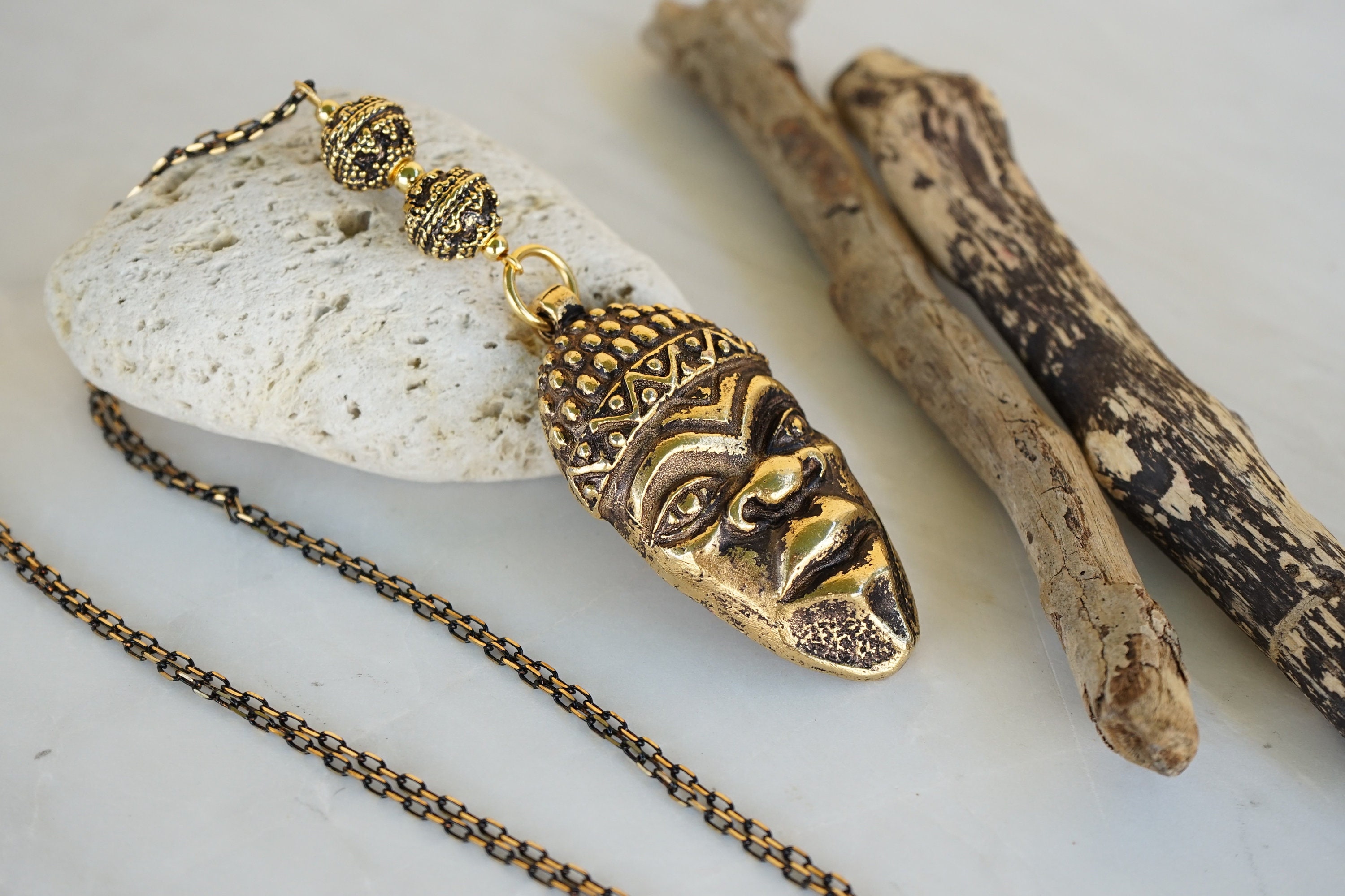 Antique Gold African Mask Head Pendant Necklace Bohemian Boho | Etsy