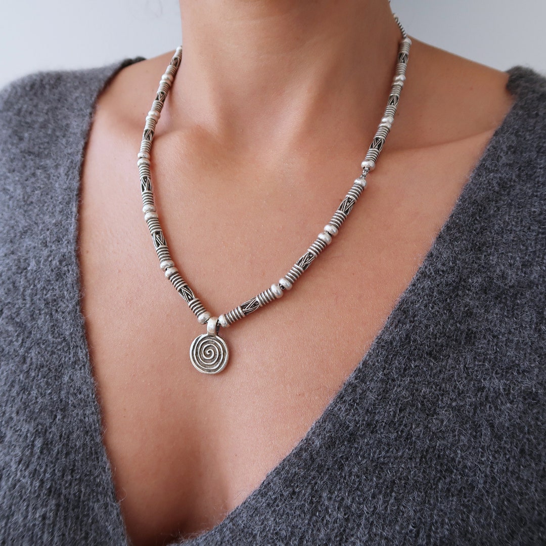 Ancient Greek Silver SPIRAL Pendant Necklace, Ethnic Tribal Historic ...