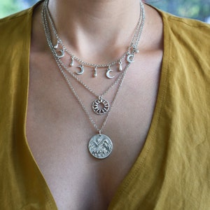 Silver Layered Nature Necklace Set: Sun, Moon, Mountain Charms Modern ...