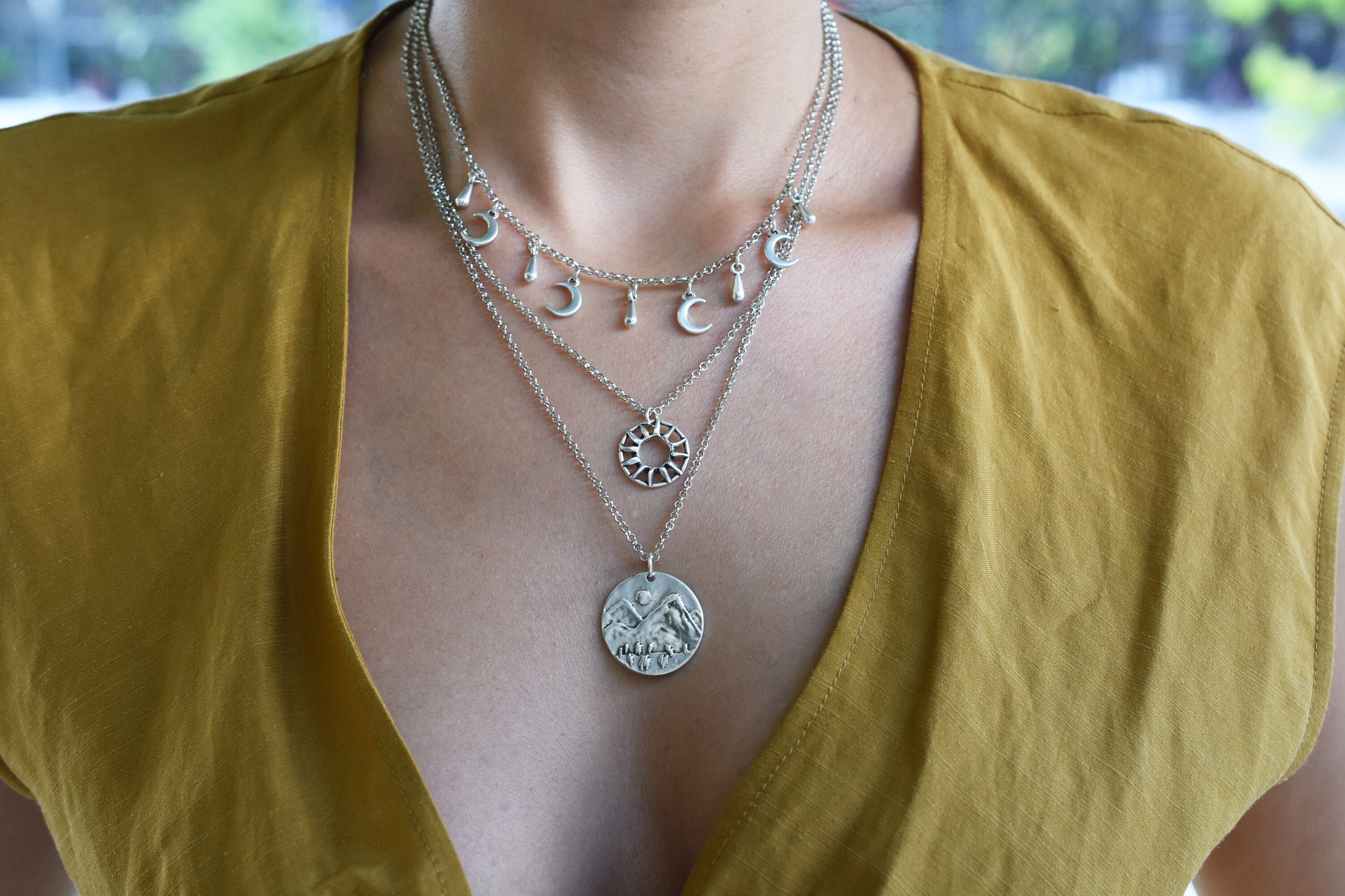 Silver Layered Nature Necklace Set: Sun, Moon, Mountain Charms Modern ...