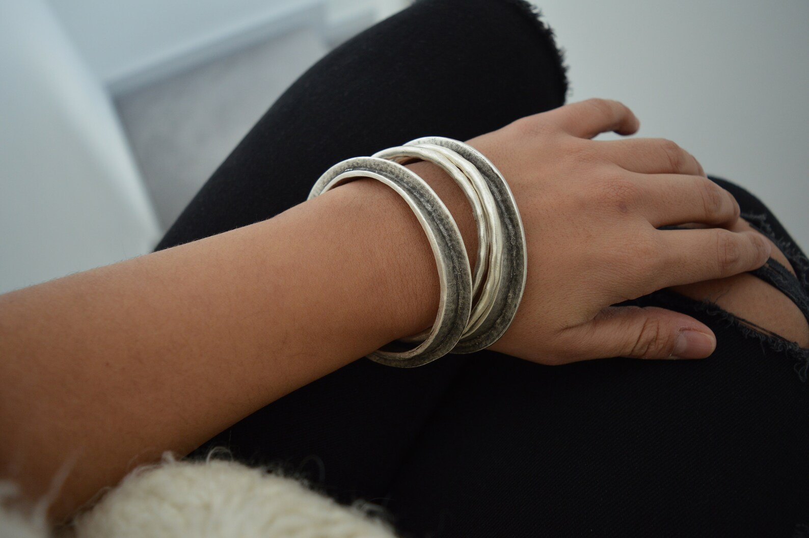 Antique Silver SCREW Bangle Cuff Hammered Stacking Bracelet - Etsy UK