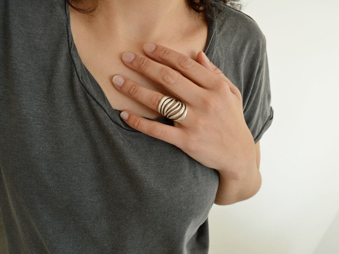Antique Silver long SEVEN PARALLEL wave LINES Ring Boho | Etsy