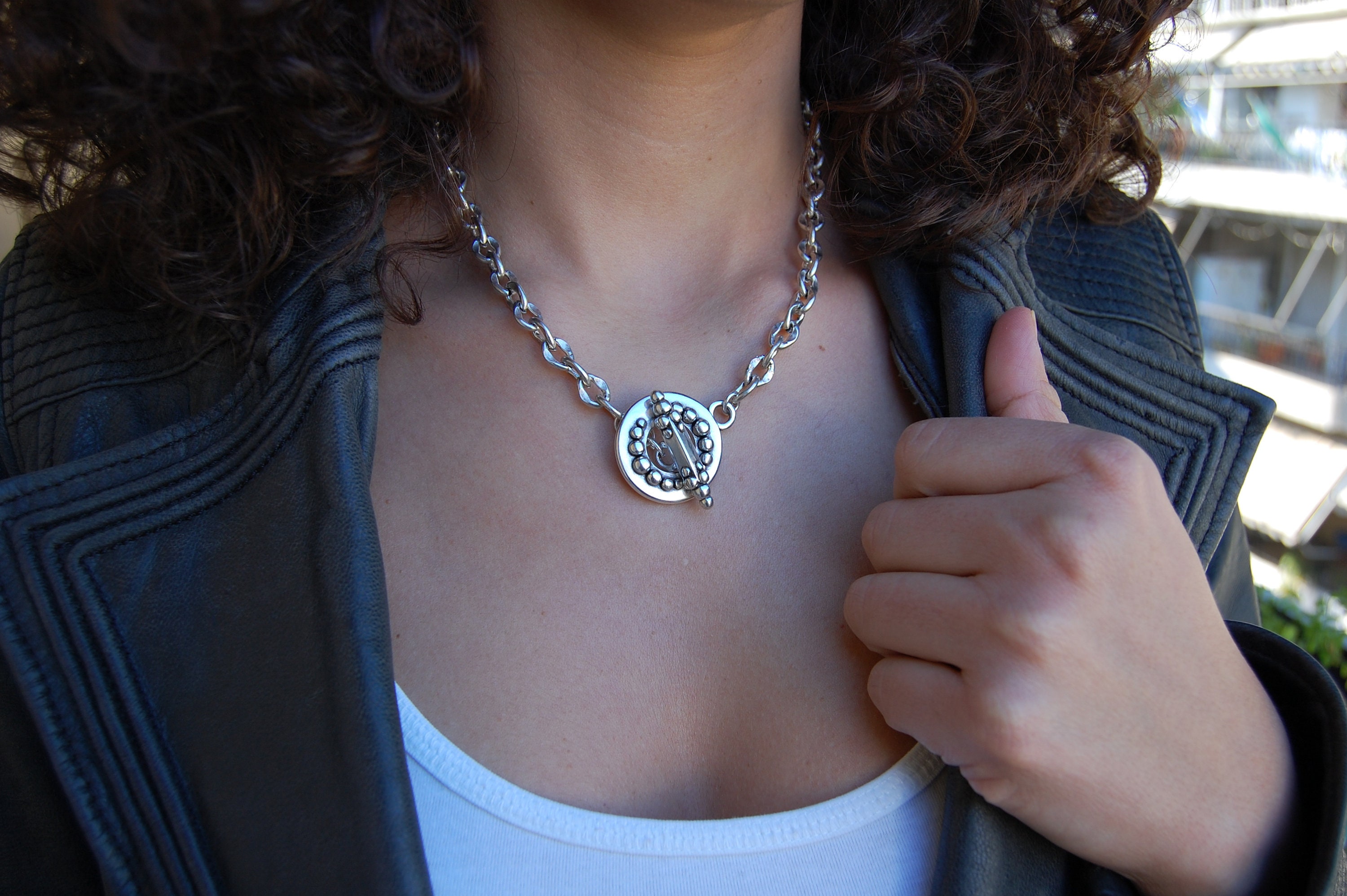 Antique Silver Chunky Chain Choker Necklace T Clasp Locket Etsy Canada