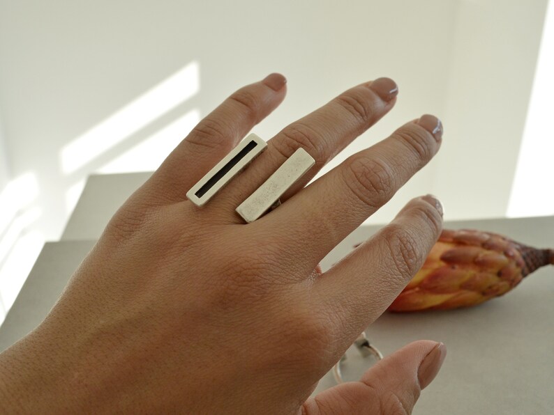 Silver Two Vertical PARALLEL LINES Ring Unique Hammered | Etsy