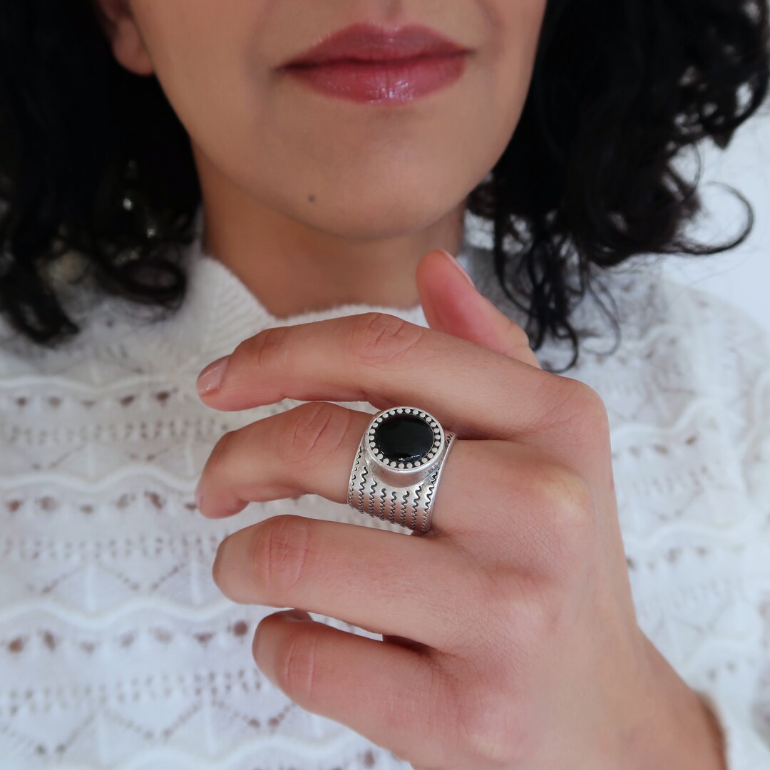 Silver Large BLACK/TURQUOISE Round Signet Ring, Bohemian Dainty Ethnic ...