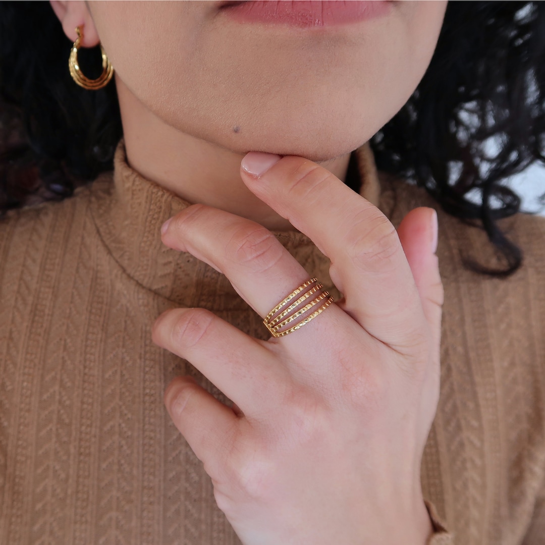 Gold Stainless Steel FOUR Dotted Parallel Lines Ring, Minimalist ...