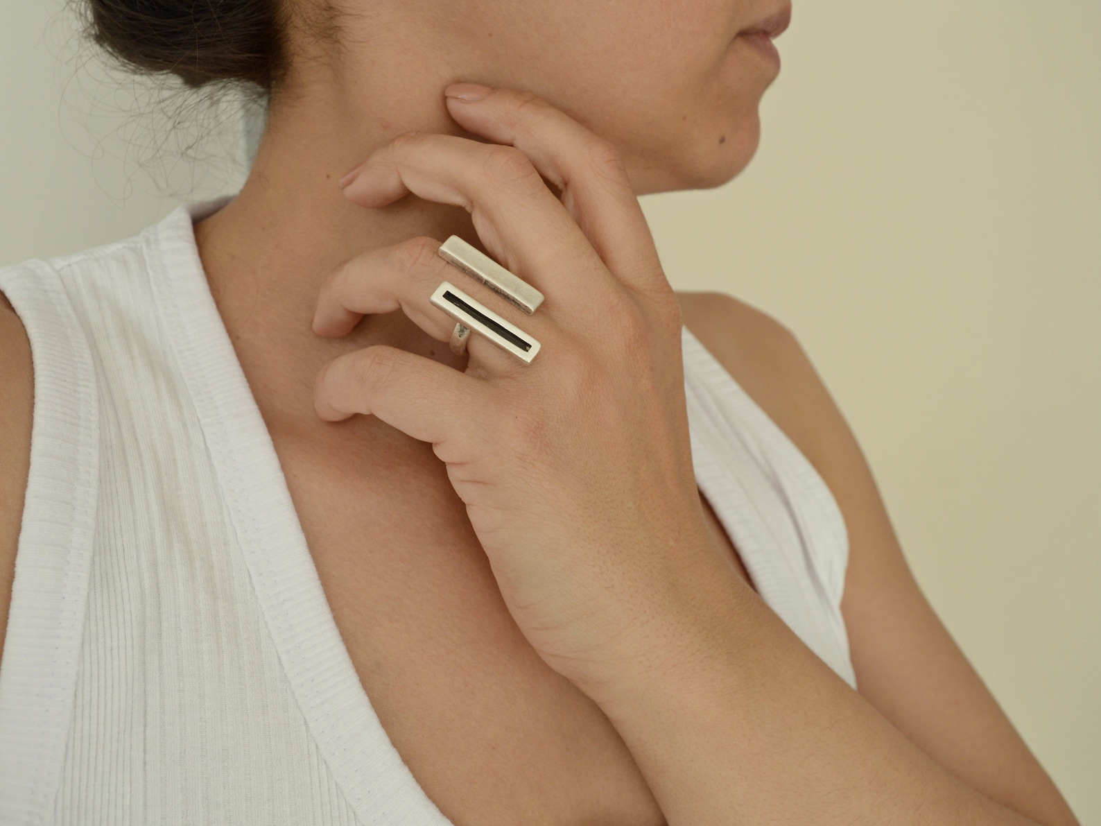 Silver Two Vertical PARALLEL LINES Ring Unique Hammered | Etsy