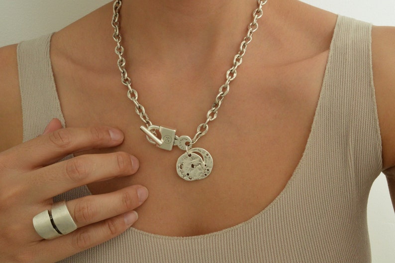 Silver Chunky padlock chain choker hammered coin necklace T | Etsy