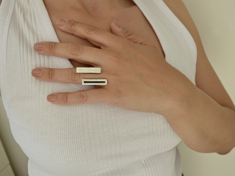 Silver Two Vertical PARALLEL LINES Ring Unique Hammered - Etsy