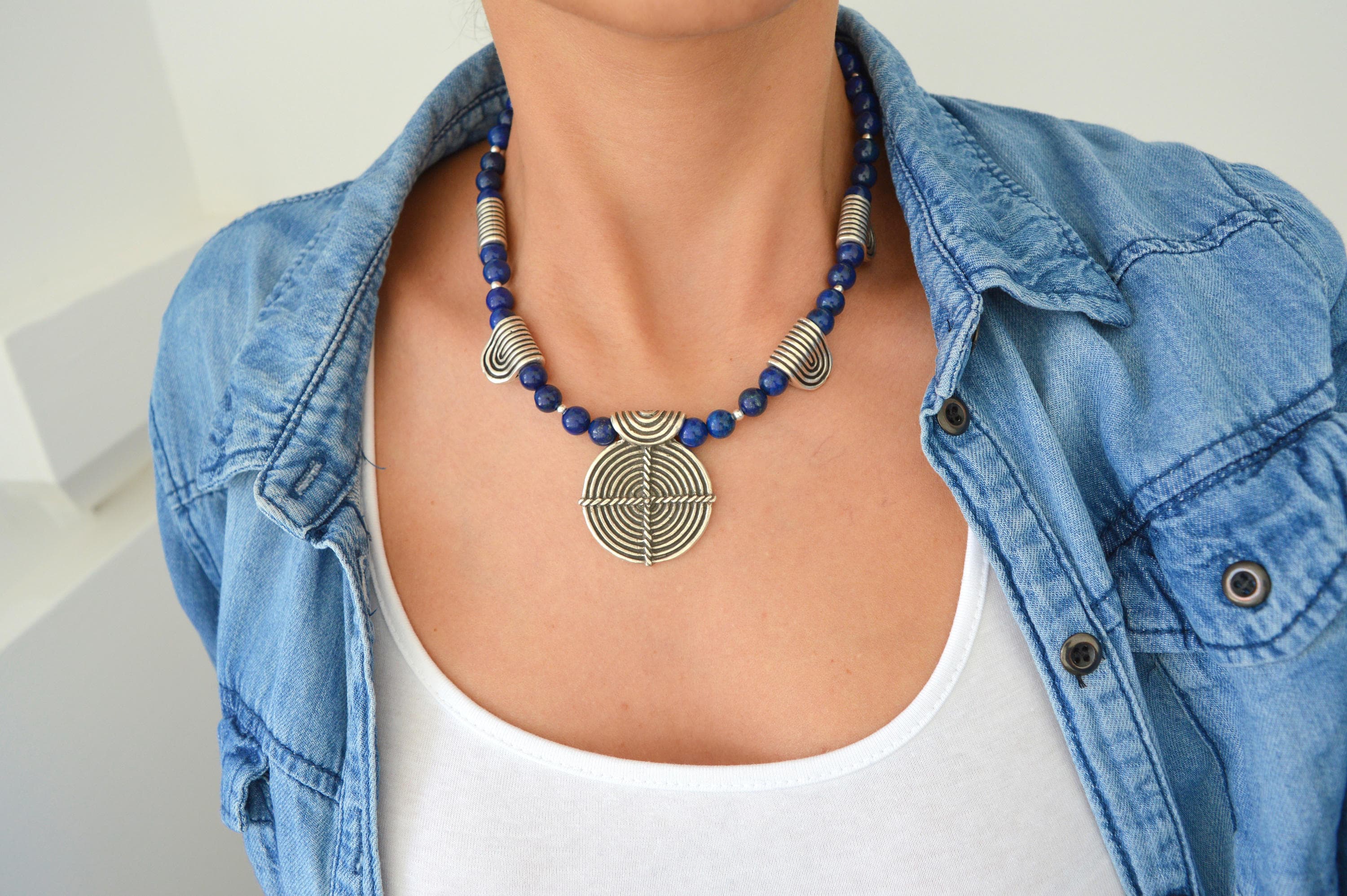 Ancient Greek Meander Symbol & Lapis Lazuli Beaded Necklace - Etsy UK