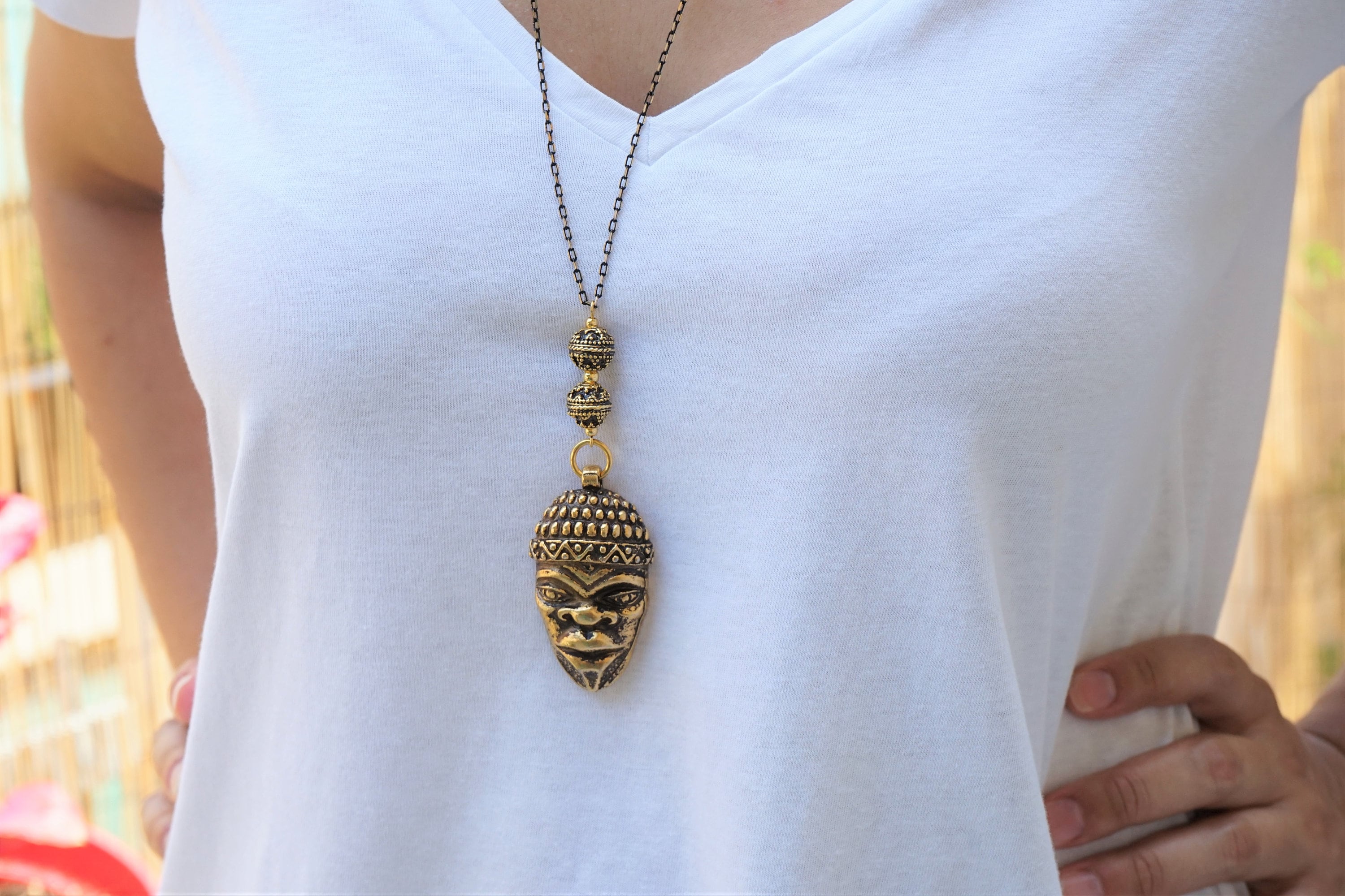 Antique Gold African Mask Head Pendant Necklace Bohemian Boho | Etsy