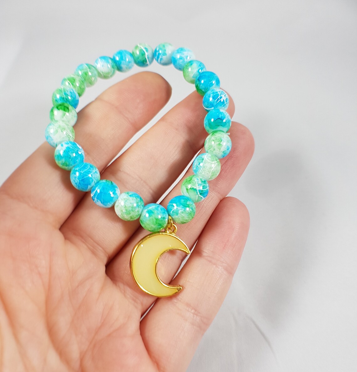 Beaded Stretch Bracelet With Yellow Moon Charm / Moon Bracelet - Etsy