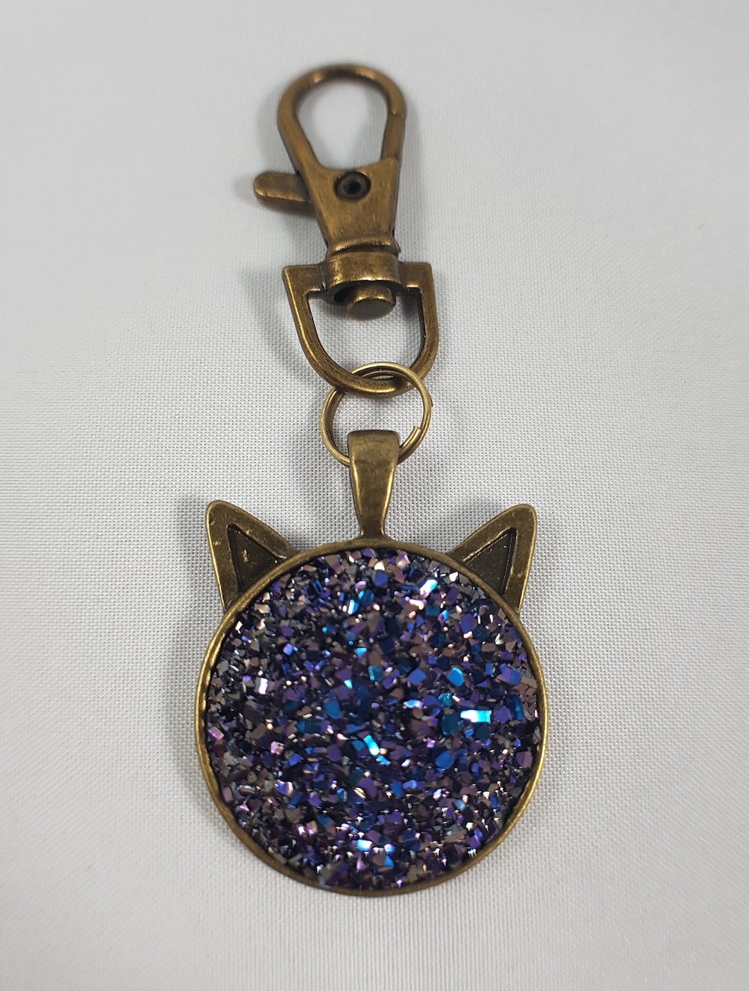 Cat Head Keychain / Iridescent Dark Purple Druzy Cat Head Keychain ...