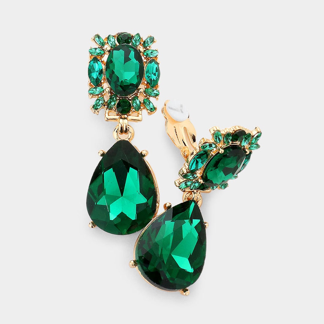 Green Teardrop Clip Earrings, Green Teardrop Earrings, Green Chandelier ...
