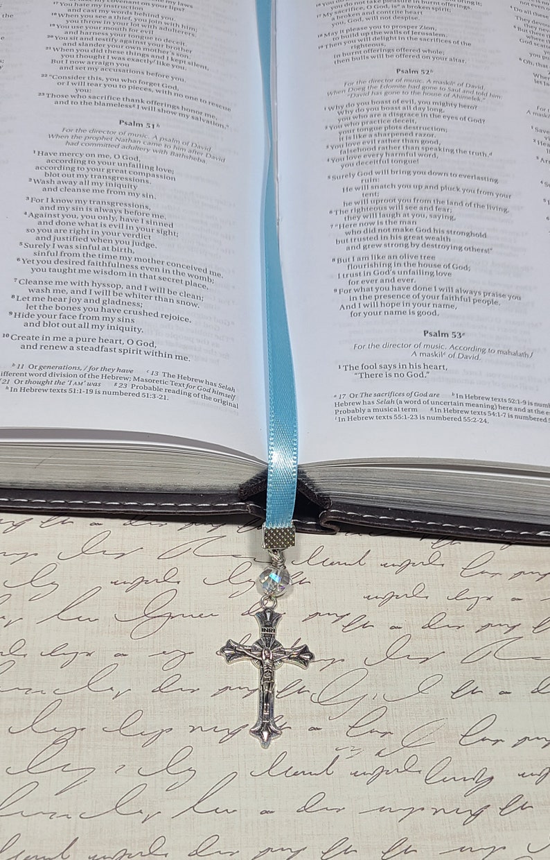 Blue Crucifix Bible Ribbon Bookmark, Ribbon Bookmark, Book Gift ...