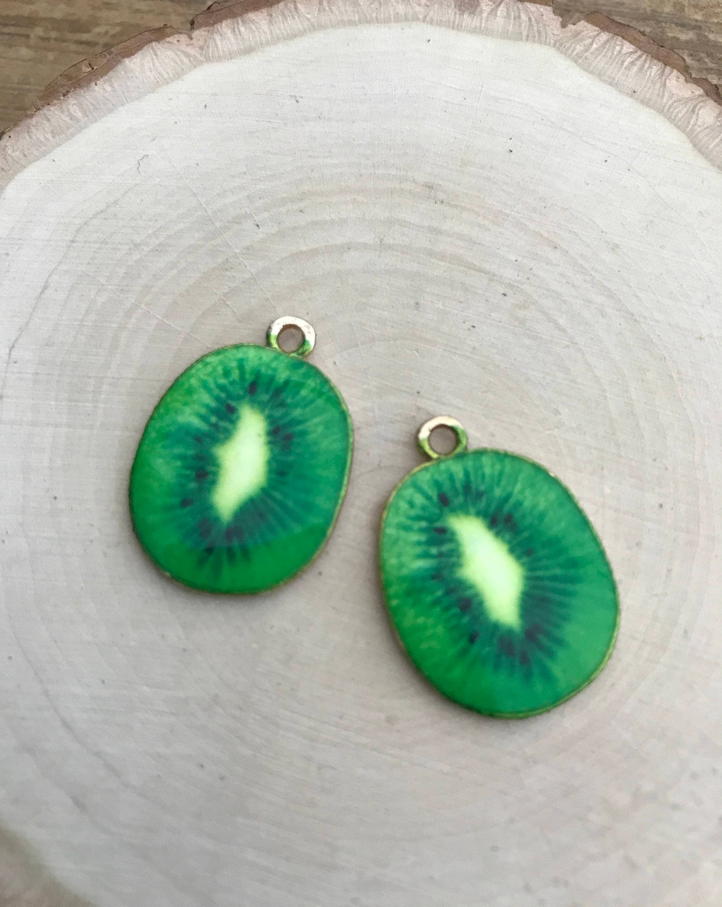 1 - Kiwi Slice Charm - Enamel Gold Brass Vintage Style Pendant Charms ...
