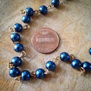 100cm Round Pearl Blue Bead Necklace Chain 5mm Bead Gold Chain Jewelry ...