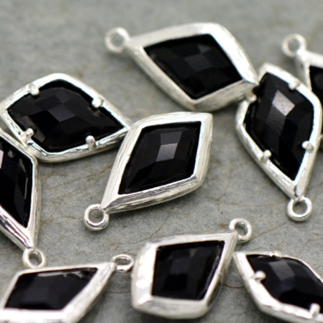 Diamond Jewel Charms JET BLACK Faceted Glass Sterling Silver Plated ...