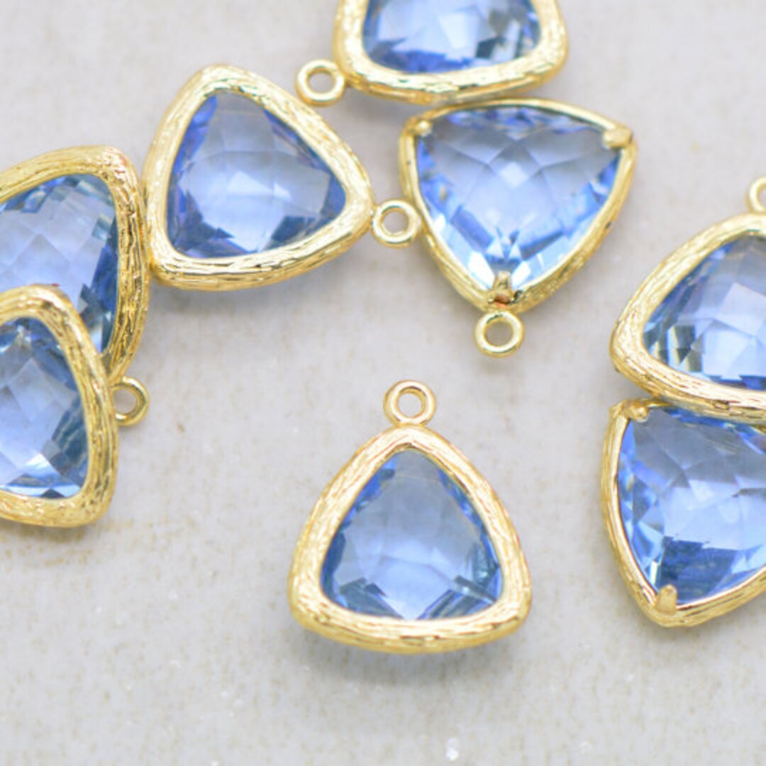 1- Triangle Jewel Charms AZURE Faceted Glass in 24k GOLD Plated Brass ...