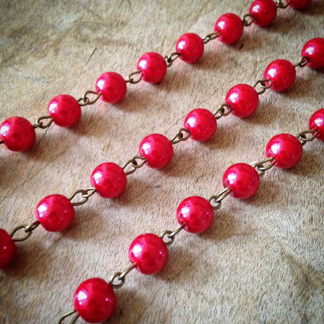 100cm Round Pearl Red Bead Necklace Chain 8mm Bead Antique Bronze Chain ...