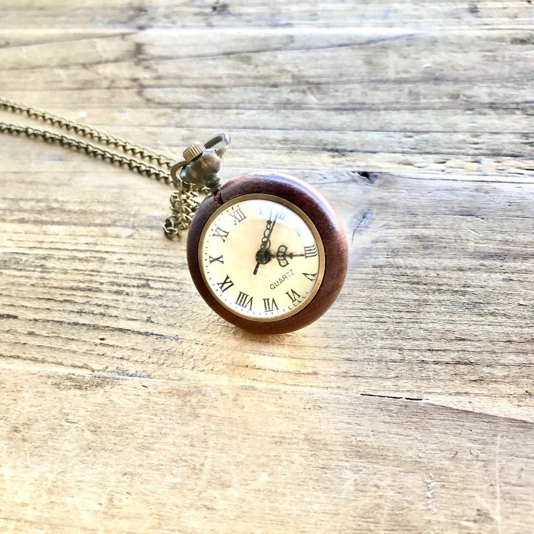 1 Cherry Wood Sphere Pocket Watch Necklace really WORKS vintage ...
