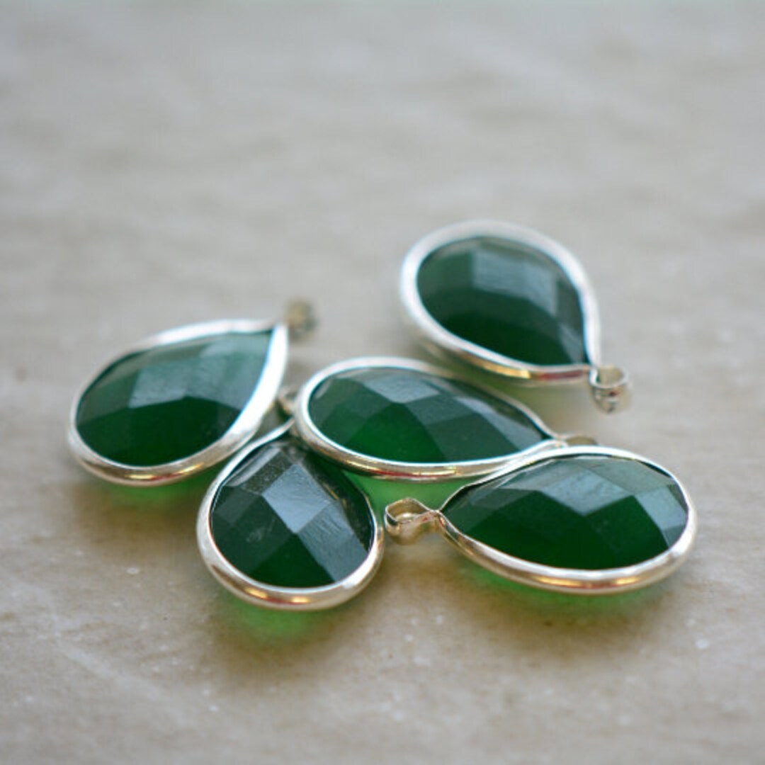 1 - Drop Jewel Charms Forest Green Faceted Glass in Sterling Silver ...
